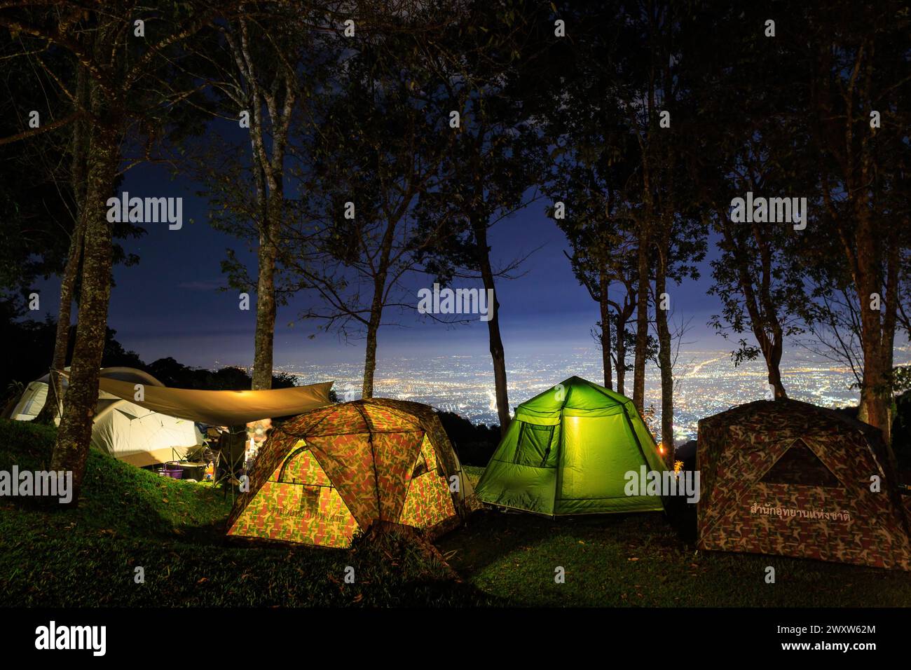 Evening in the quiet campground of Doi Pui Suthep with panoramic view ...