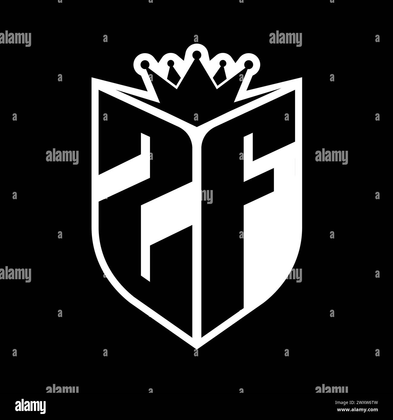 ZF Letter bold monogram with shield shape and sharp crown inside shield black and white color ...