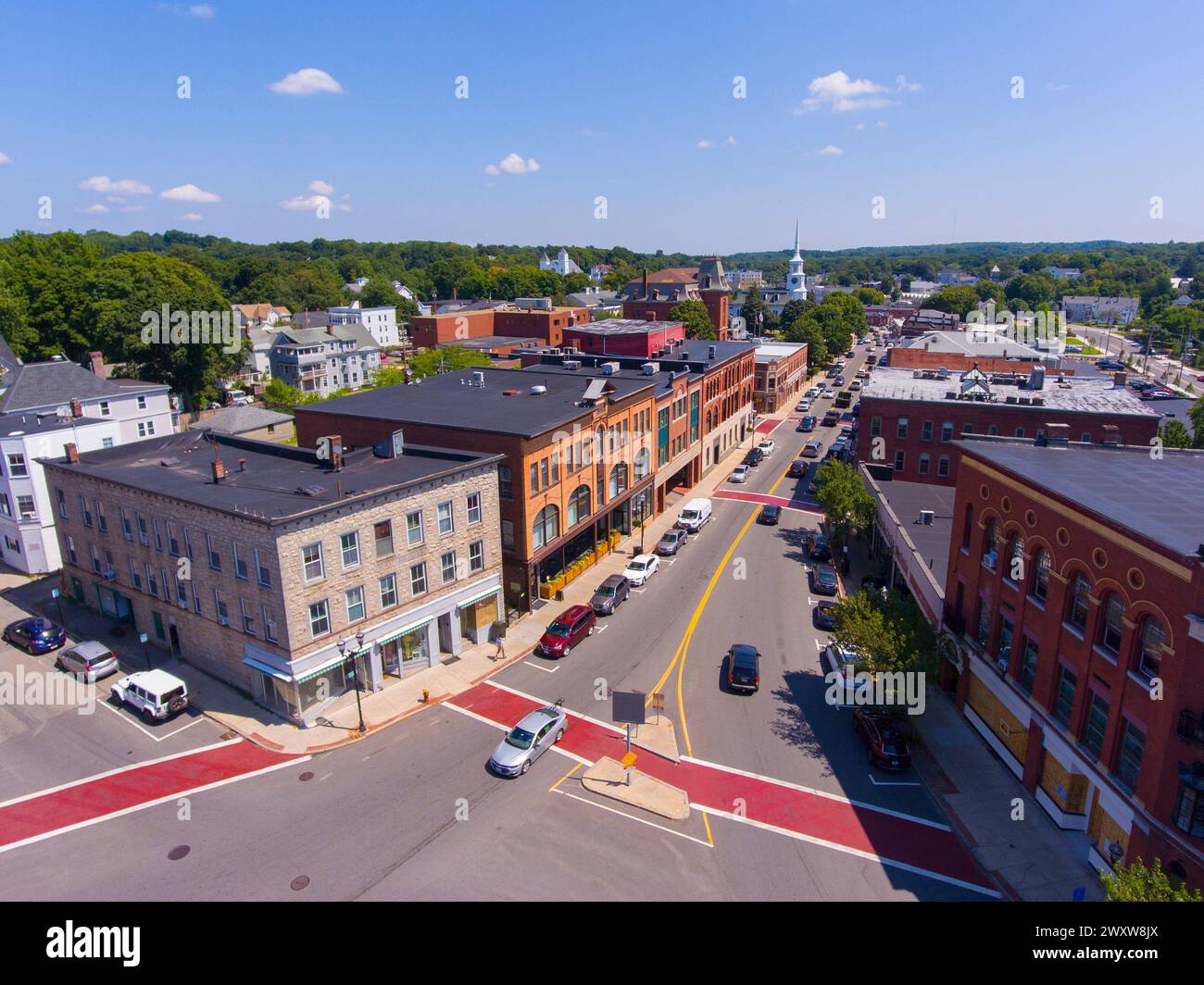 Hudson historic commercial buildings aerial view on Main Street in town ...