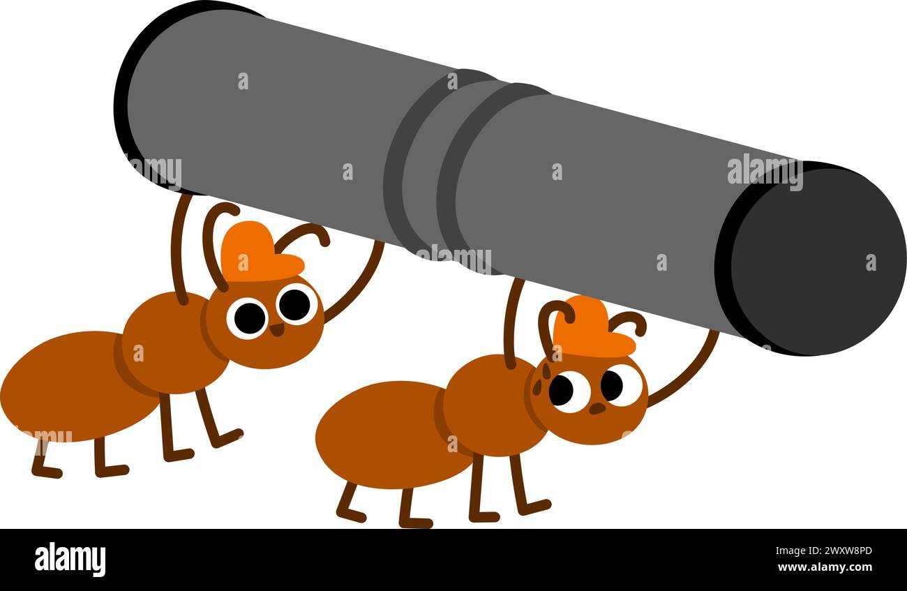Vector ants in hard hats bringing big metal pipe. Construction site ...