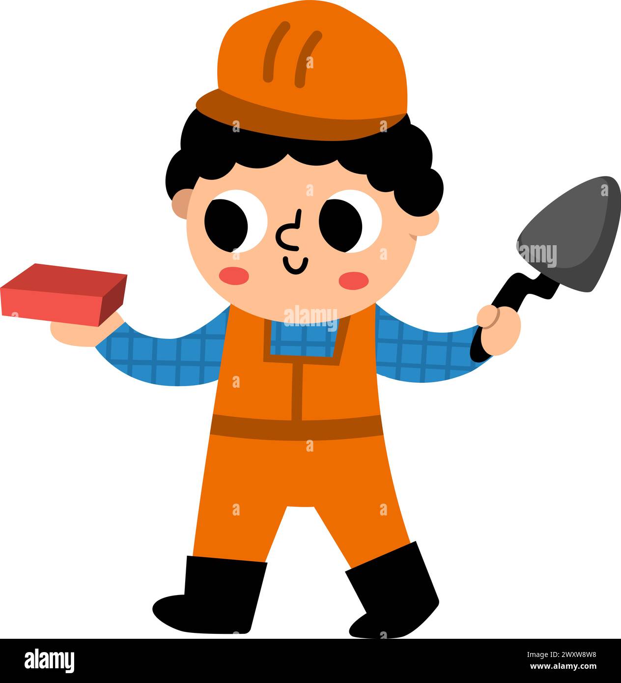 Vector cartoon builder with brick and spatula. Cute repairmen ...
