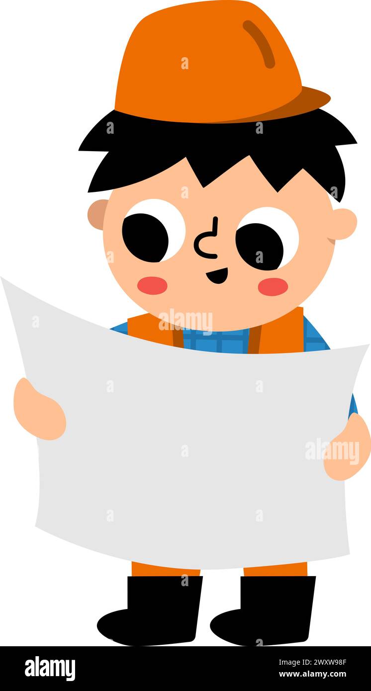 Vector cartoon builder with plan. Cute repairmen illustration for kids ...