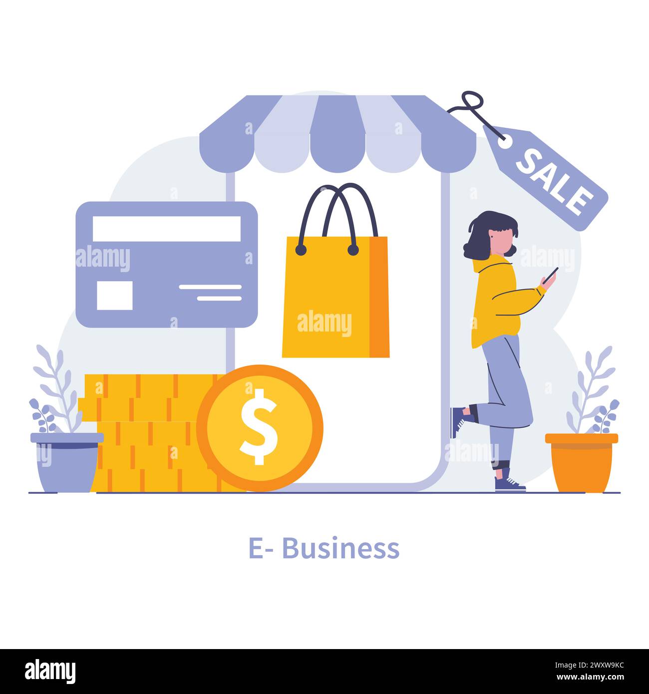 E-Business concept. Digital storefront showcases sale options and online payment. Consumer ...