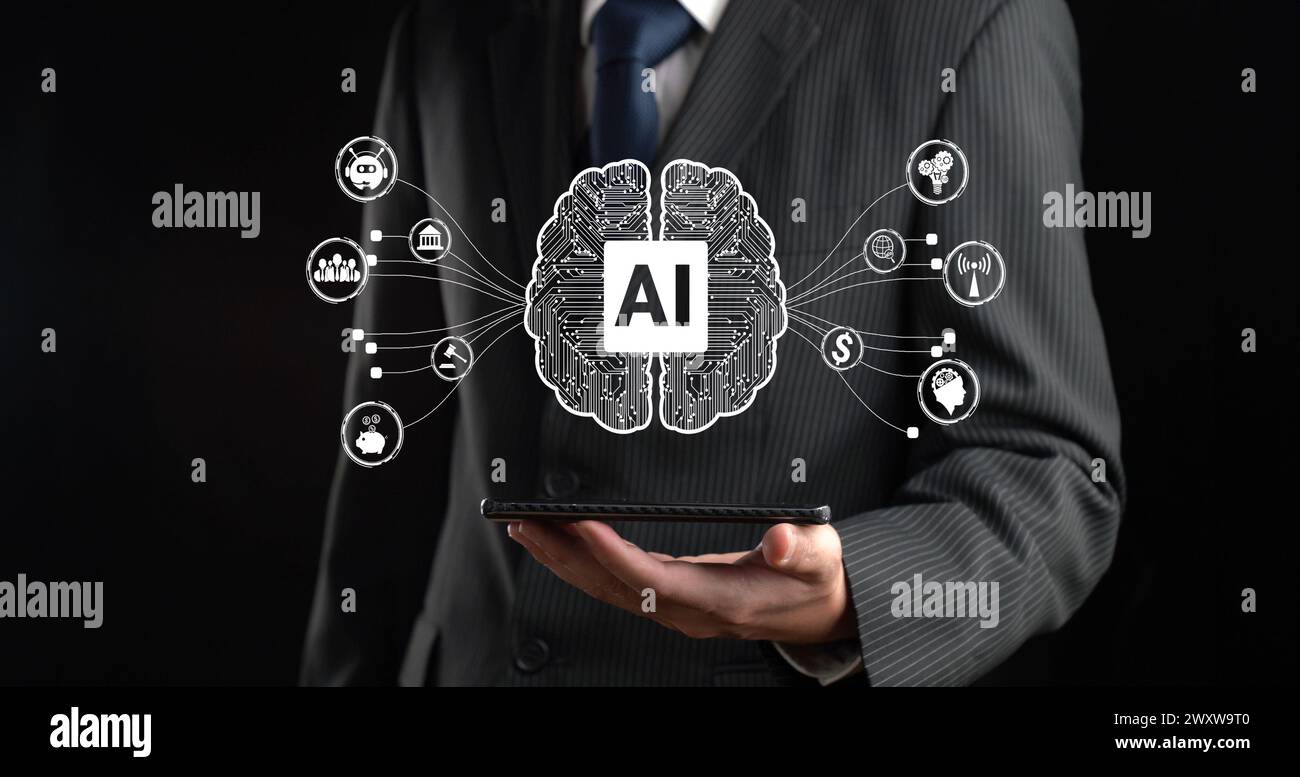 Human interact with AI artificial intelligence brain processor in ... Human interact with AI artificial intelligence brain processor in ...