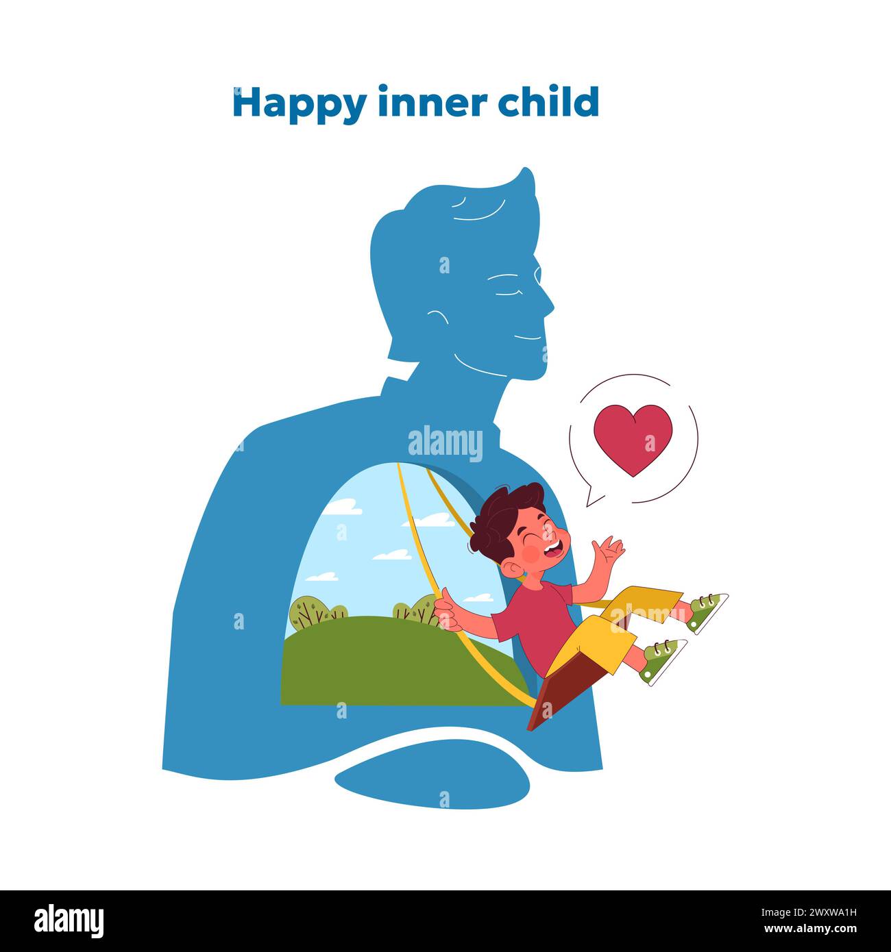 Joyful serenity concept. Adult silhouette cradles scene of childhood ...