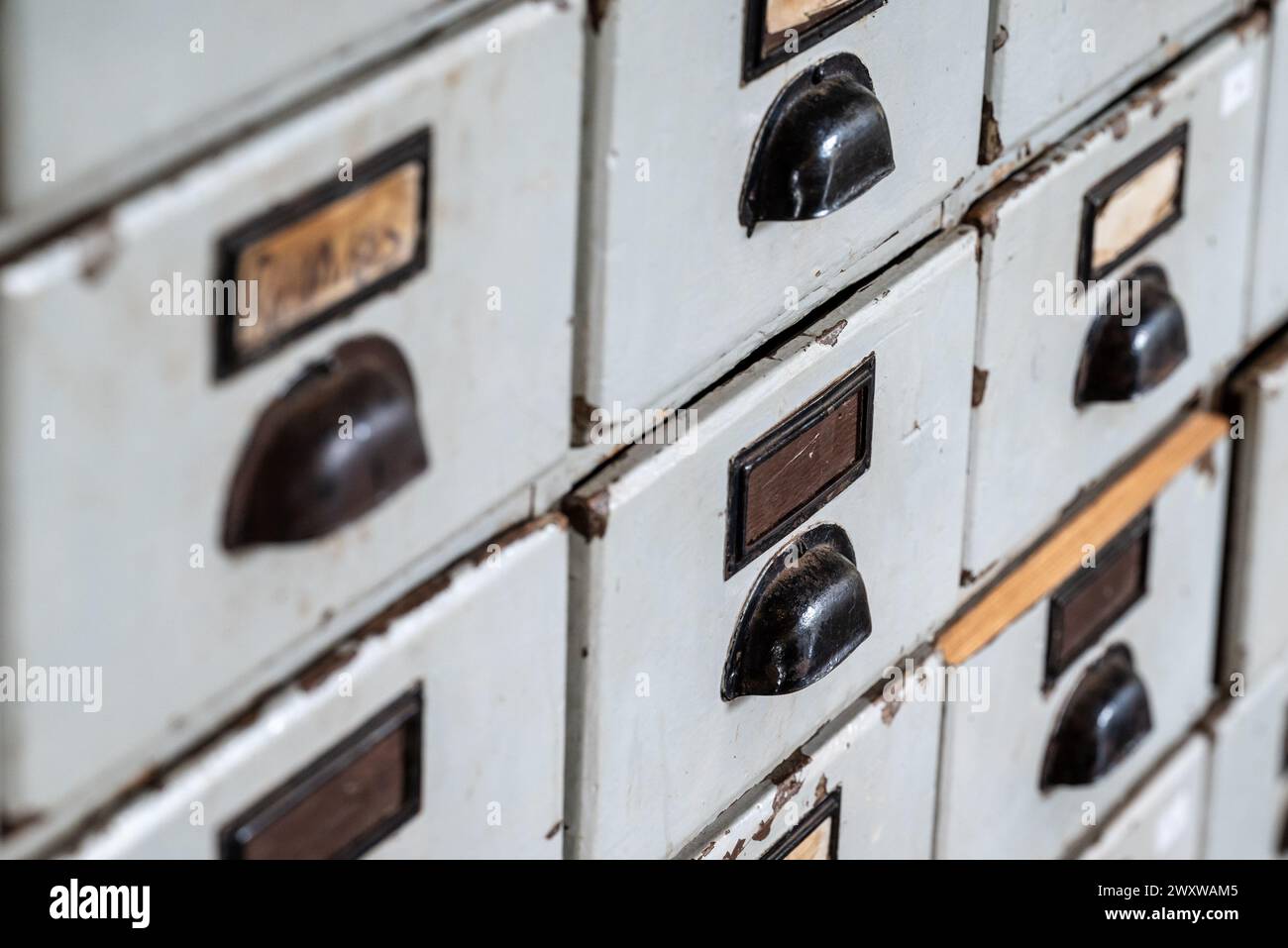 Stacked drawers with labels, securely locked Stock Photo - Alamy