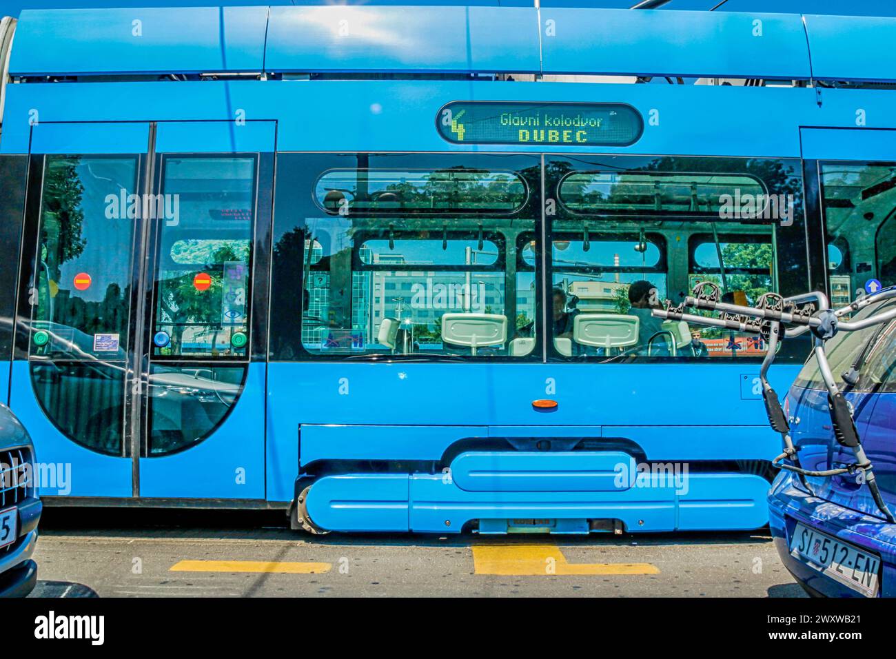 Blue trams in the Ban Josip Jalacic Central Square in the heart of Zagreb, Croatia Stock Photo ...
