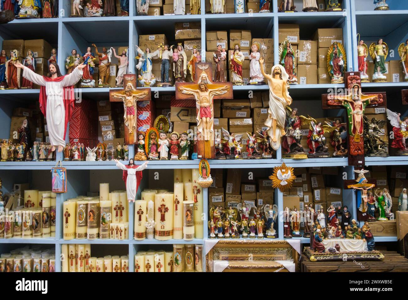 Christian figures, candles, saints in a store near Santee Alley ...