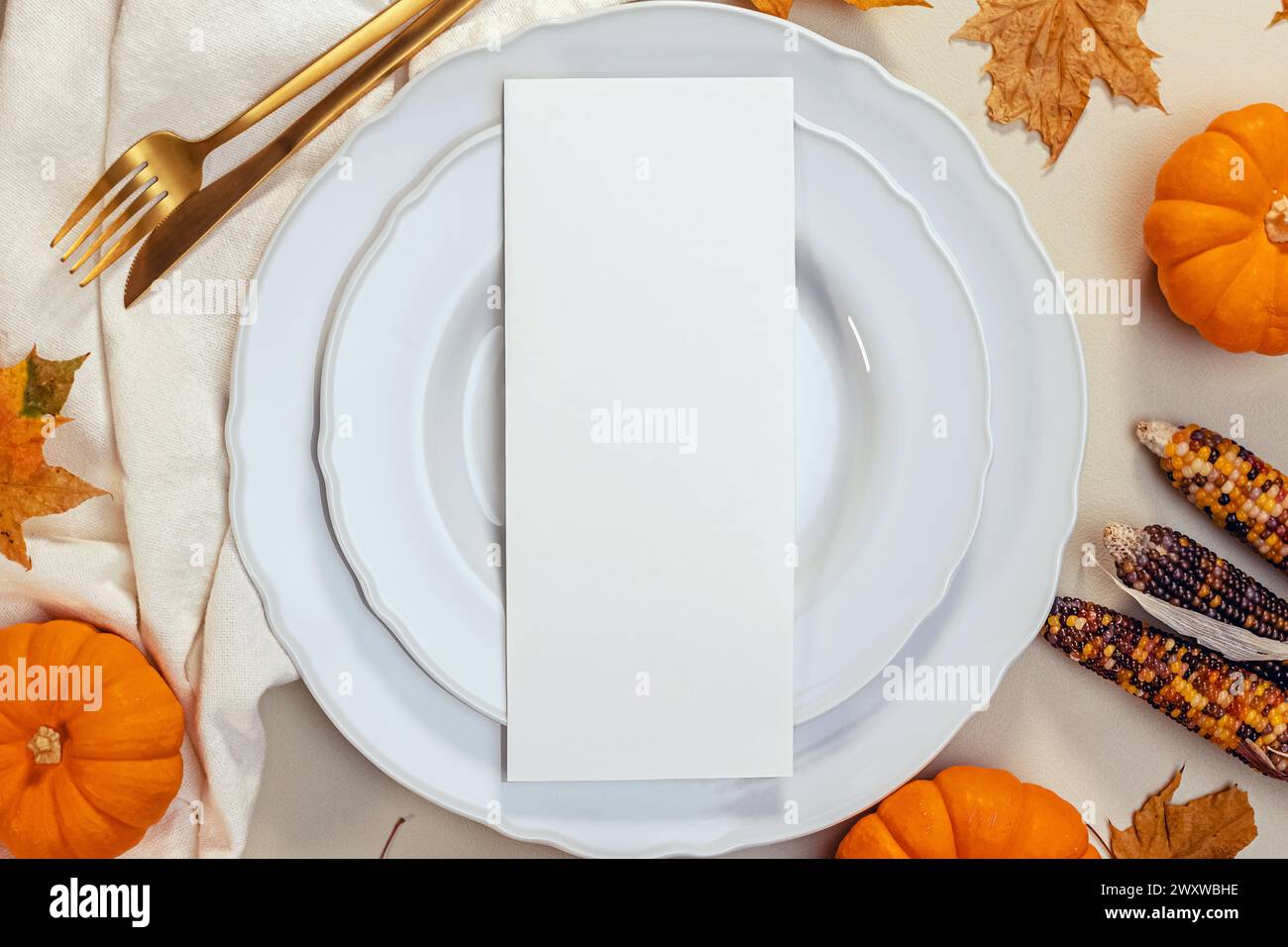 Thanksgiving Dinner menu mock-up, fall table setting top view, place ...