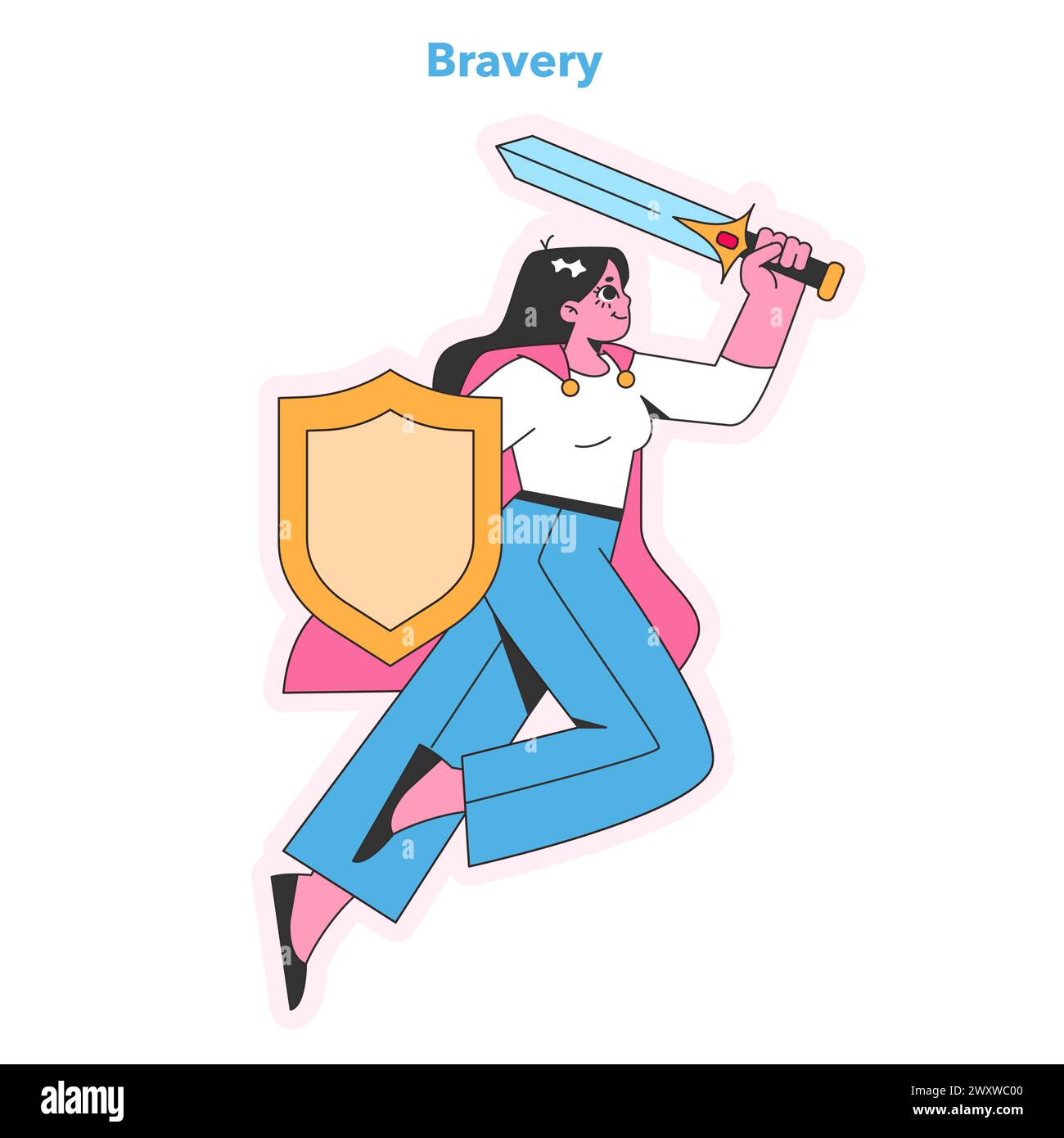 Bravery concept. Heroine with sword and shield ready to face challenges. Embodiment of courage ...