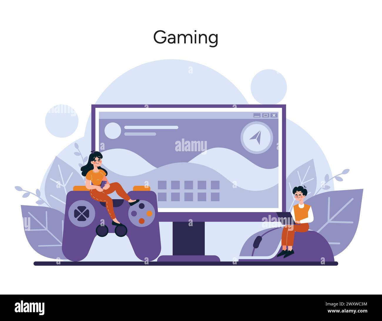 Gaming concept. Players are immersed in a digital landscape ...