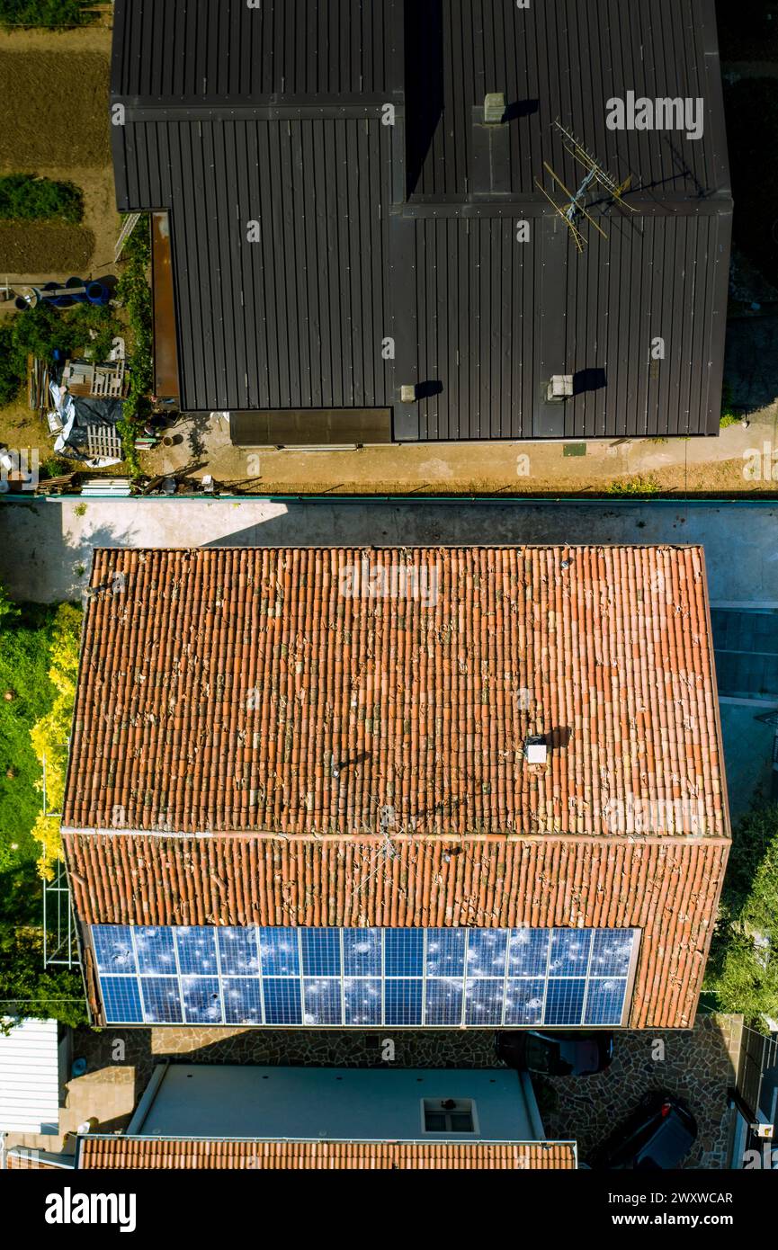 Roof Inspection with drone photovoltaic panels damaged by hail Stock ...