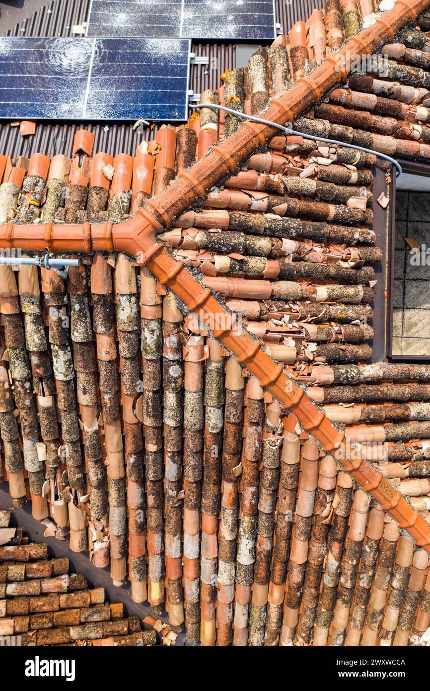 Roof Inspection with drone photovoltaic panels damaged by hail Stock ...