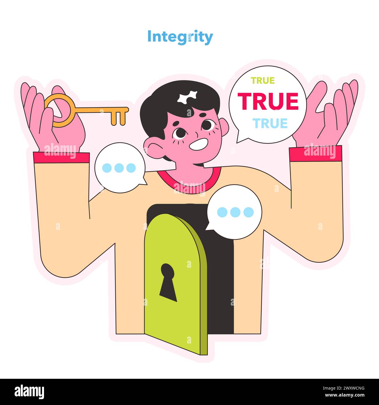 Integrity concept. Man with key and speech bubbles, representing honest ...