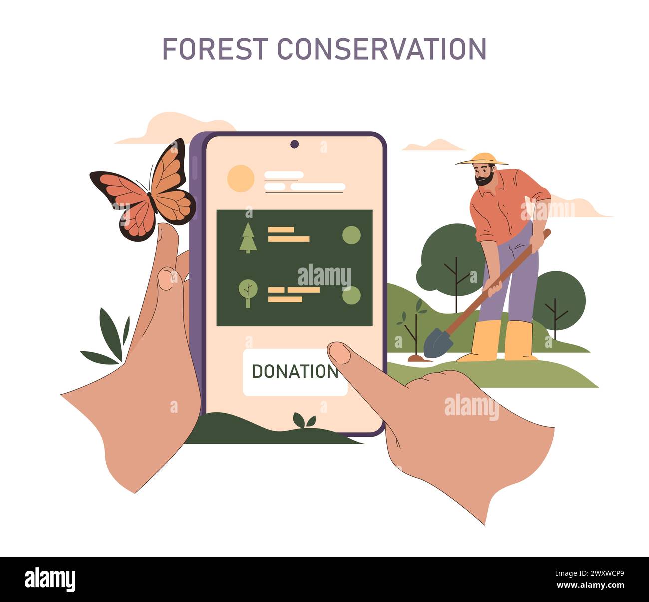 Sustainability set. Digital donation platform supporting forest growth ...