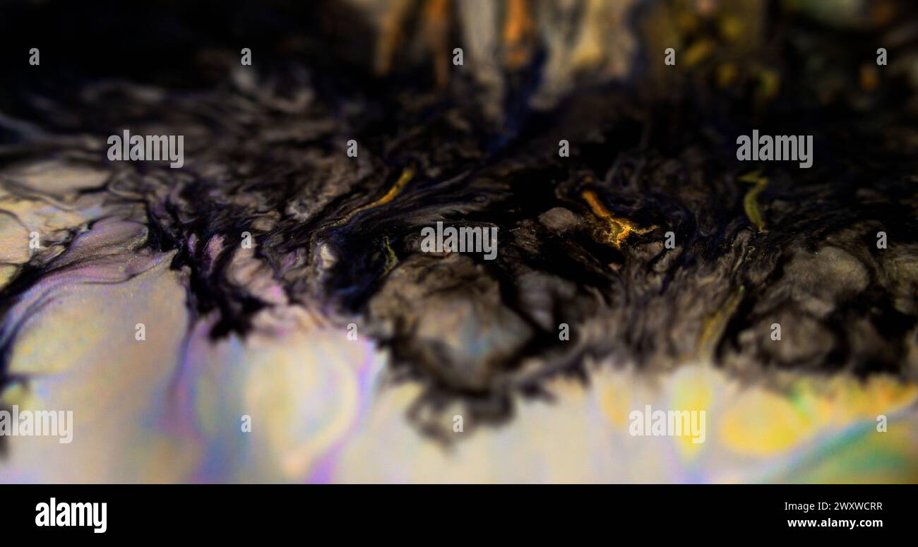 Ink spill. Shiny fluid drip. Blur black white golden color holographic ...