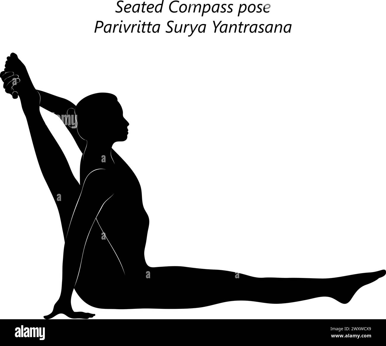 Silhouette of woman doing yoga Parivritta Surya Yantrasana. Seated ...