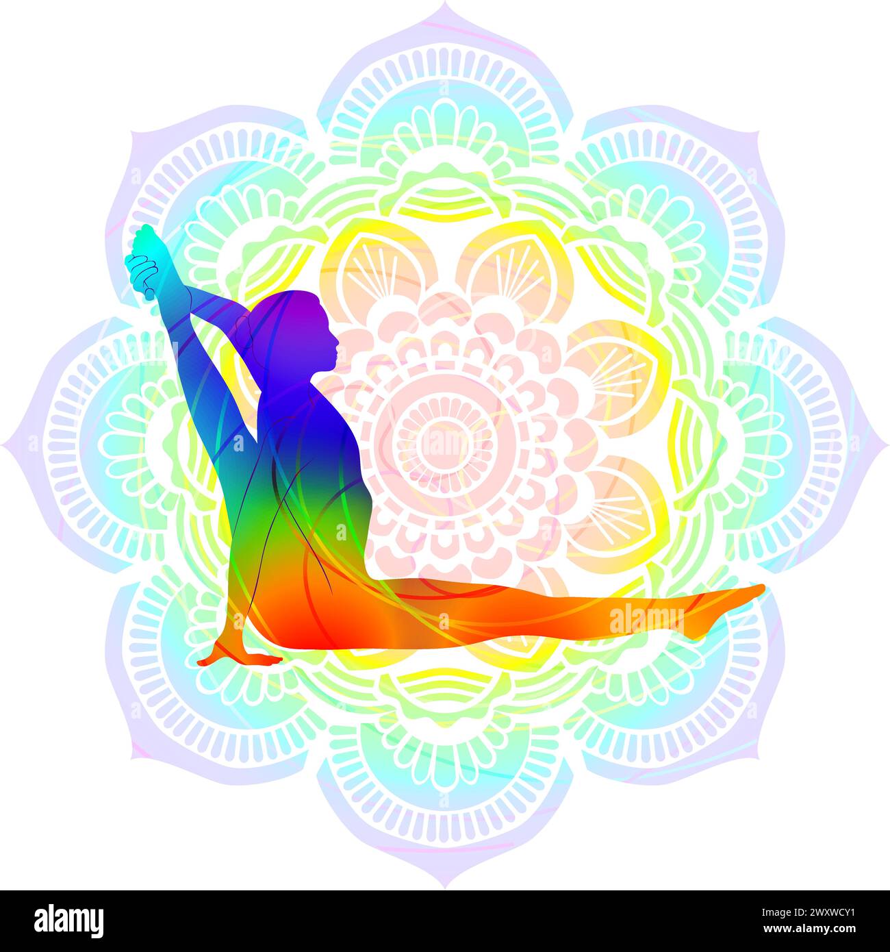 Colorful silhouette of yoga. Parivritta Surya Yantrasana. Seated ...