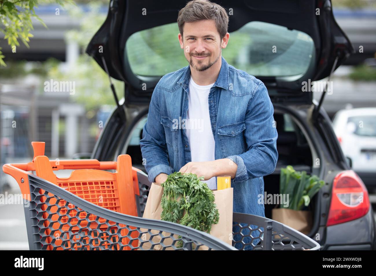 portrait of handsome young man packing groceries into car trunk Stock ...