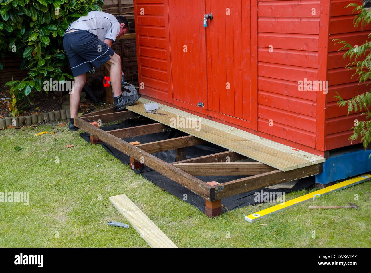 Carpenter set up shed decking at the garden Stock Photo - Alamy