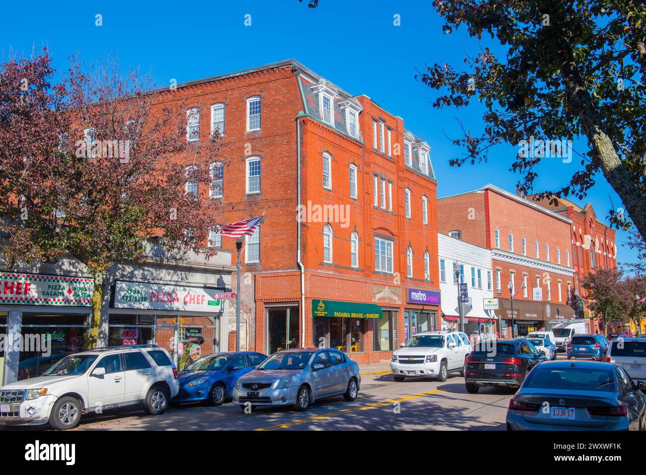 Historic commercial buildings on Main Street in historic town center of ...