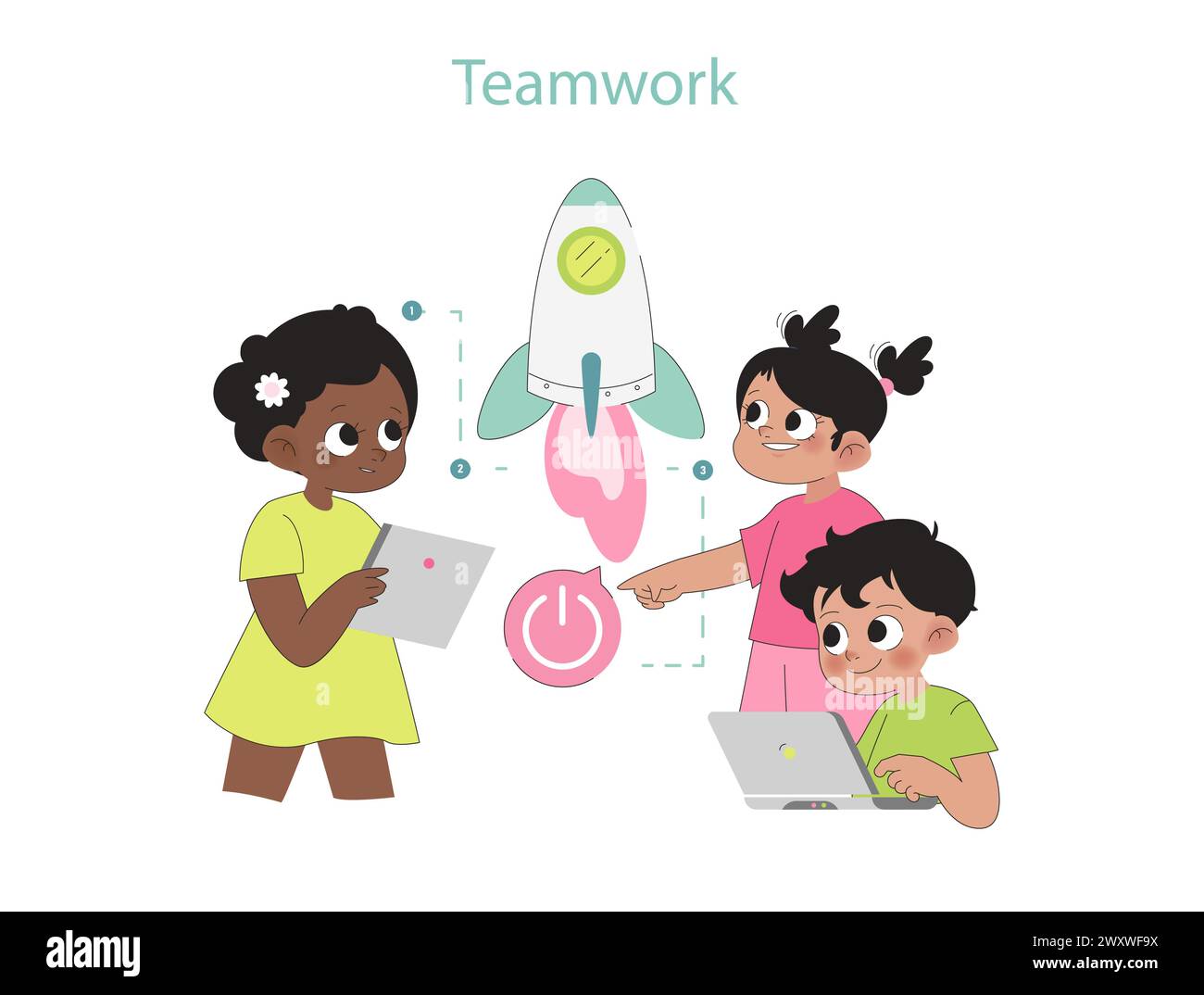 Teamwork concept. Children collaborate using digital tools to launch a rocket. Combining skills ...