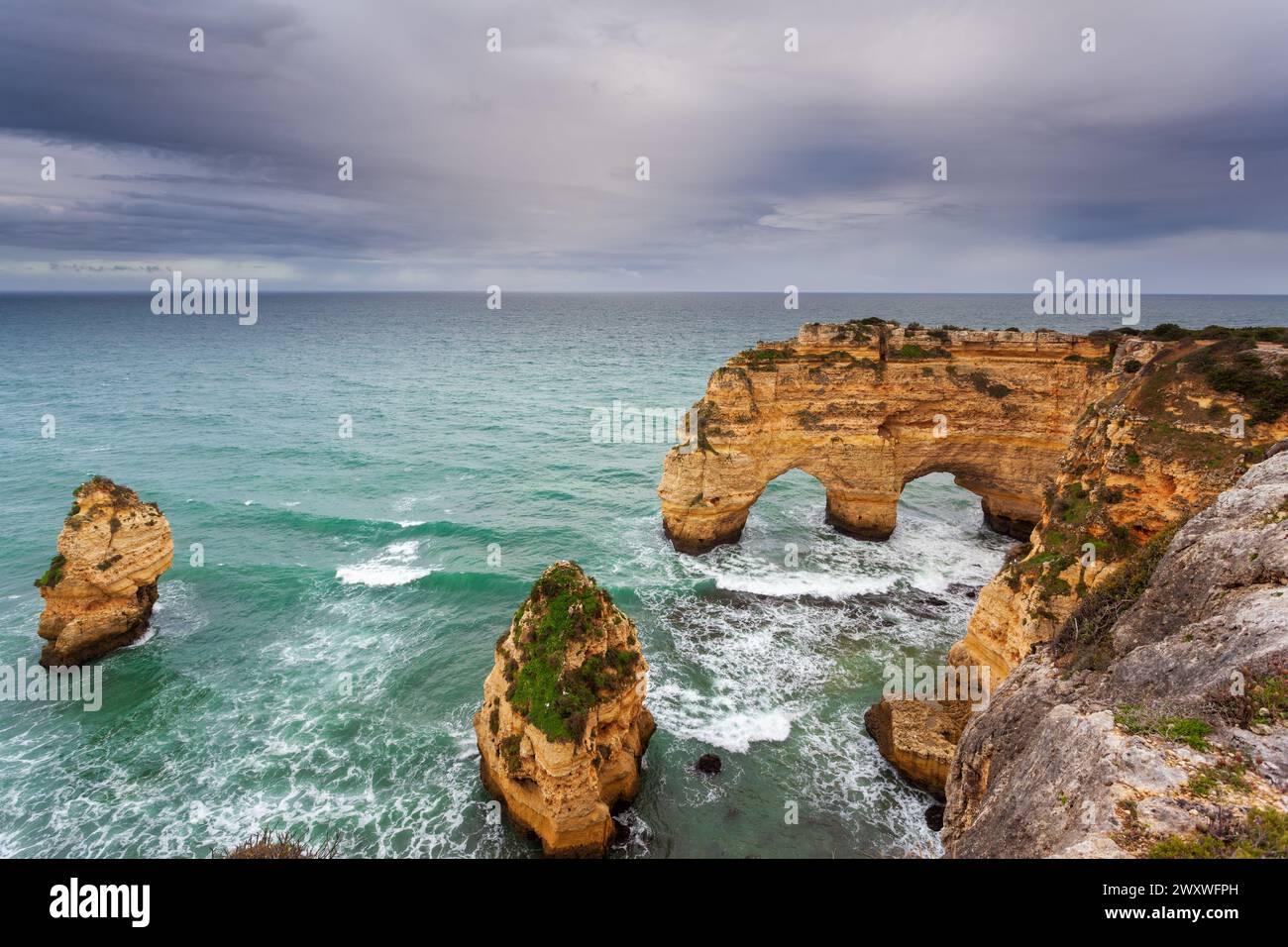 Landscape on the Algarve coast at sunset. Beach in southern Portugal ...
