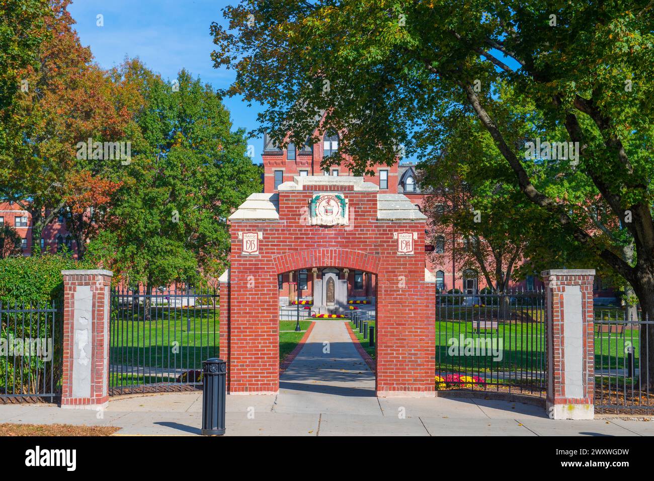 Dean College main entrance in fall in main campus in historic town ...