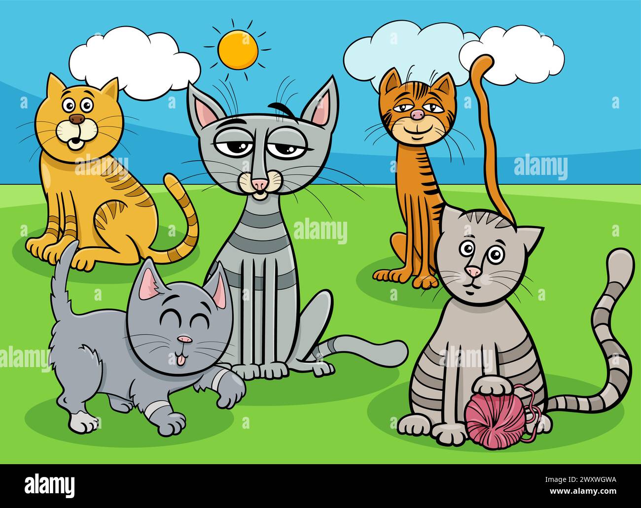 Cartoon illustration of cats and kittens comic animal characters group ...