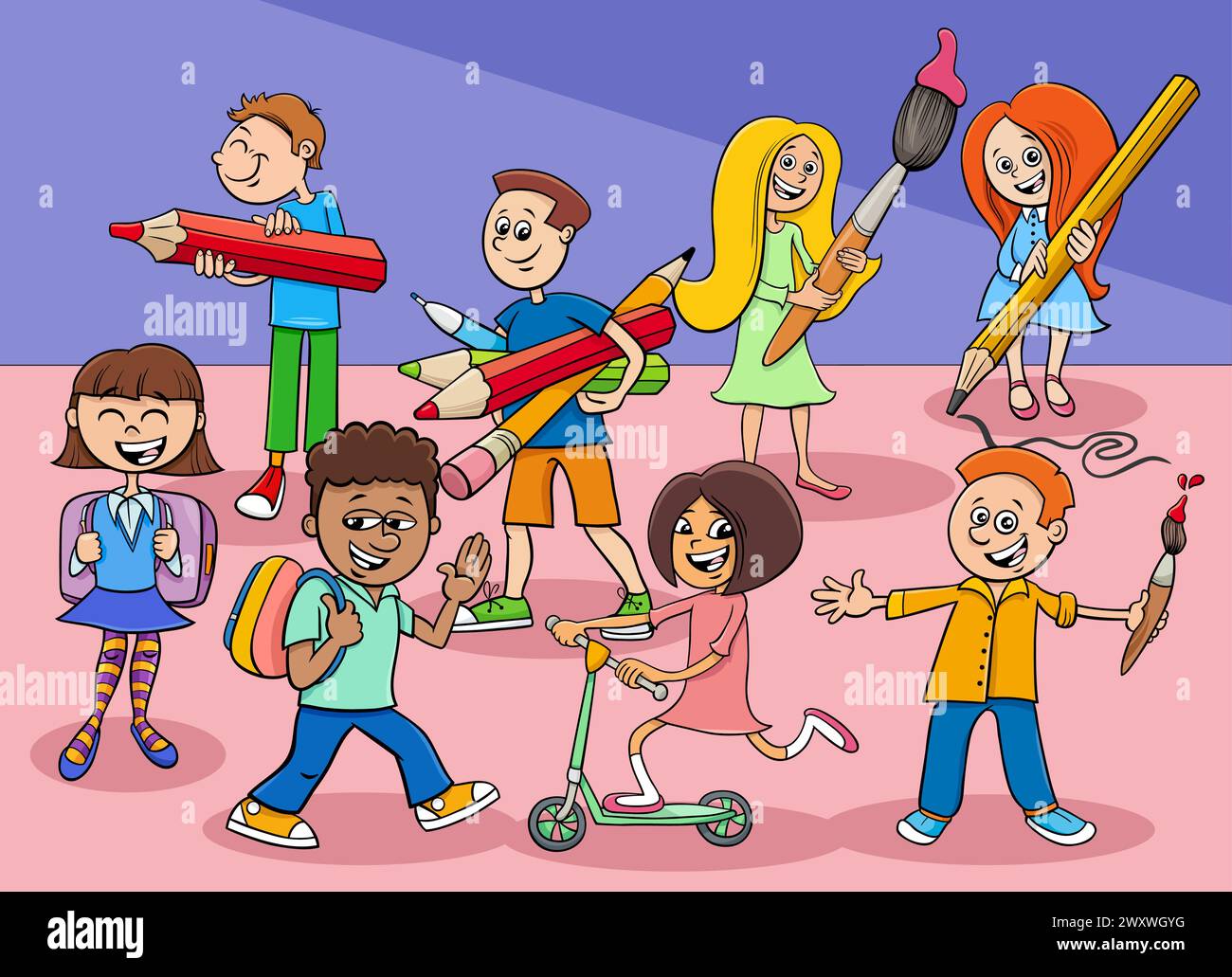 Cartoon illustration of happy elementary school students characters ...