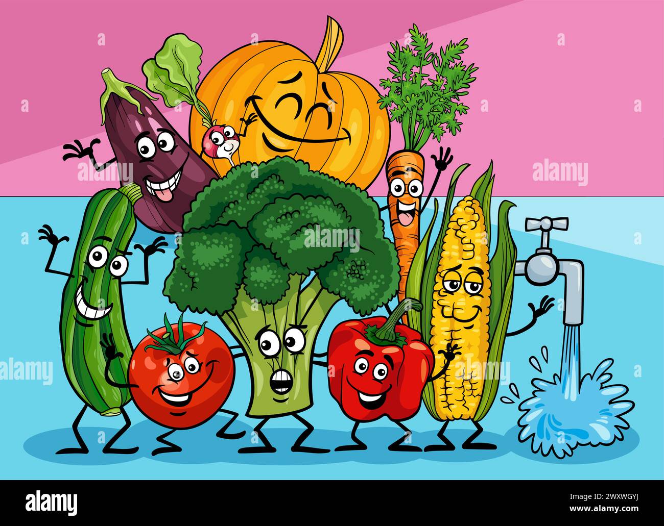 Cartoon illustration of happy vegetables food objects characters group ...