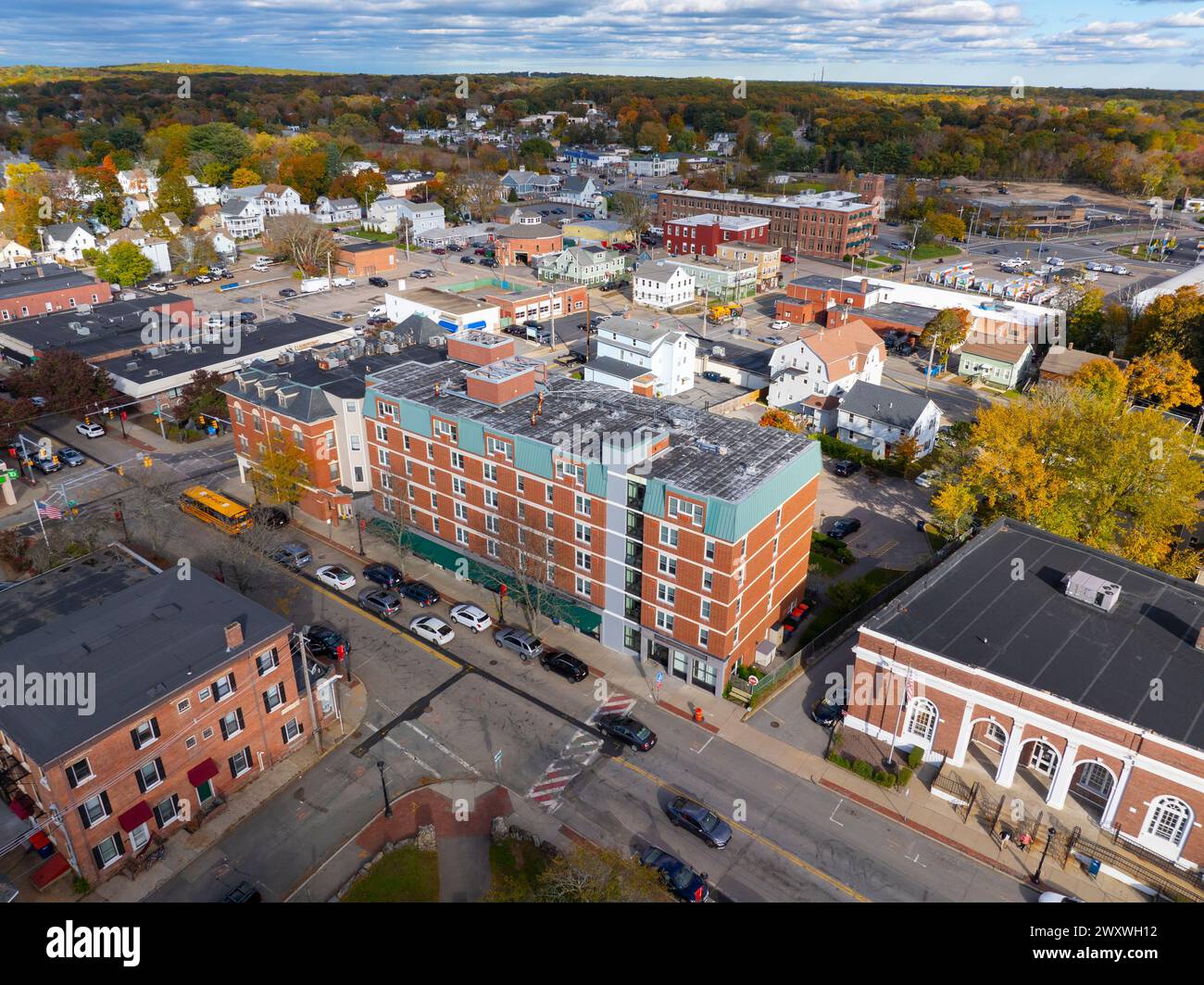 North Attleborough historic city center aerial view in fall on ...