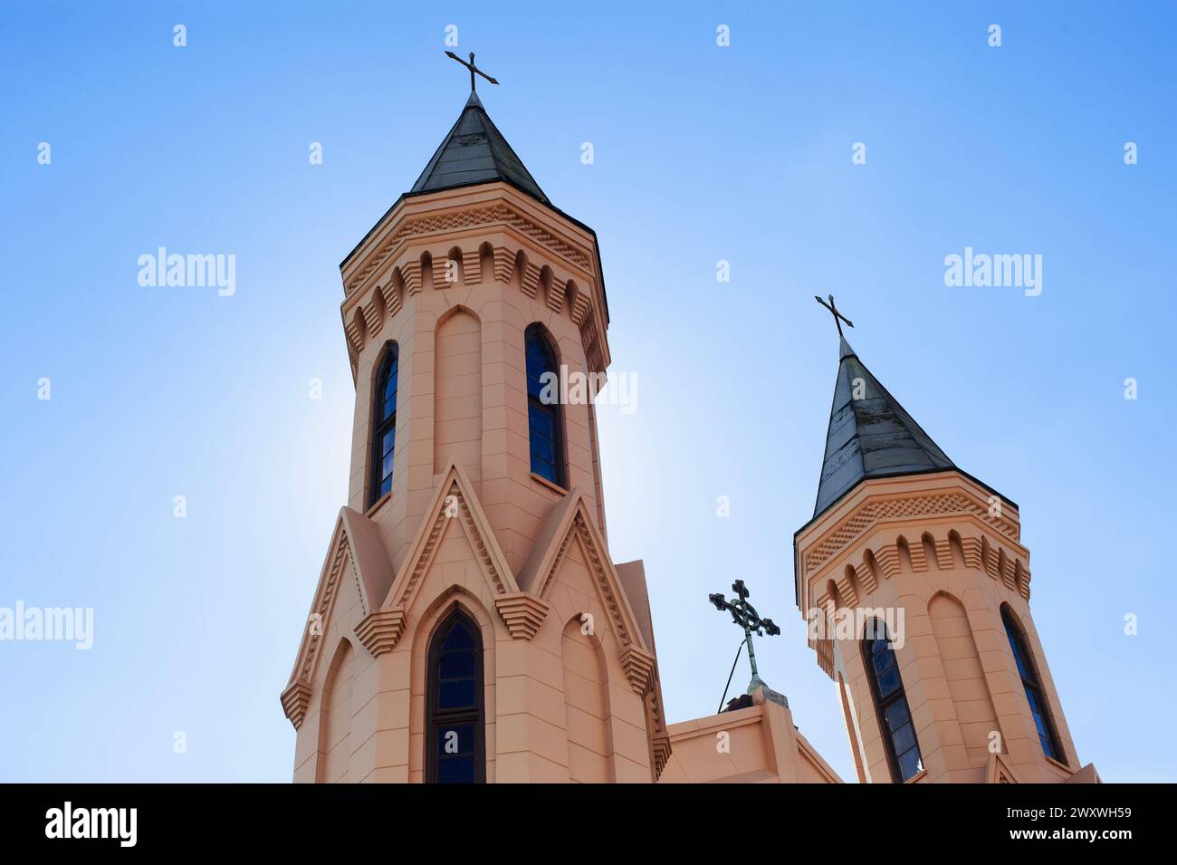 St. Mary’s Cathedral Basilica in Galveston, TX turrets backlit by noon ...