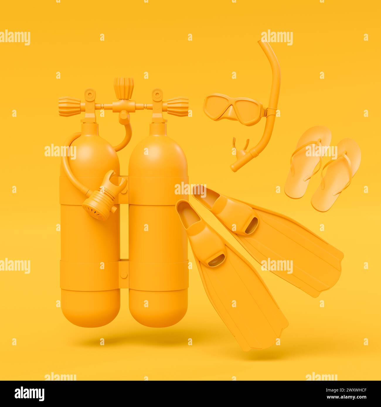 Colorful scuba stuff and beach accessories like umbrella, flip flops ...