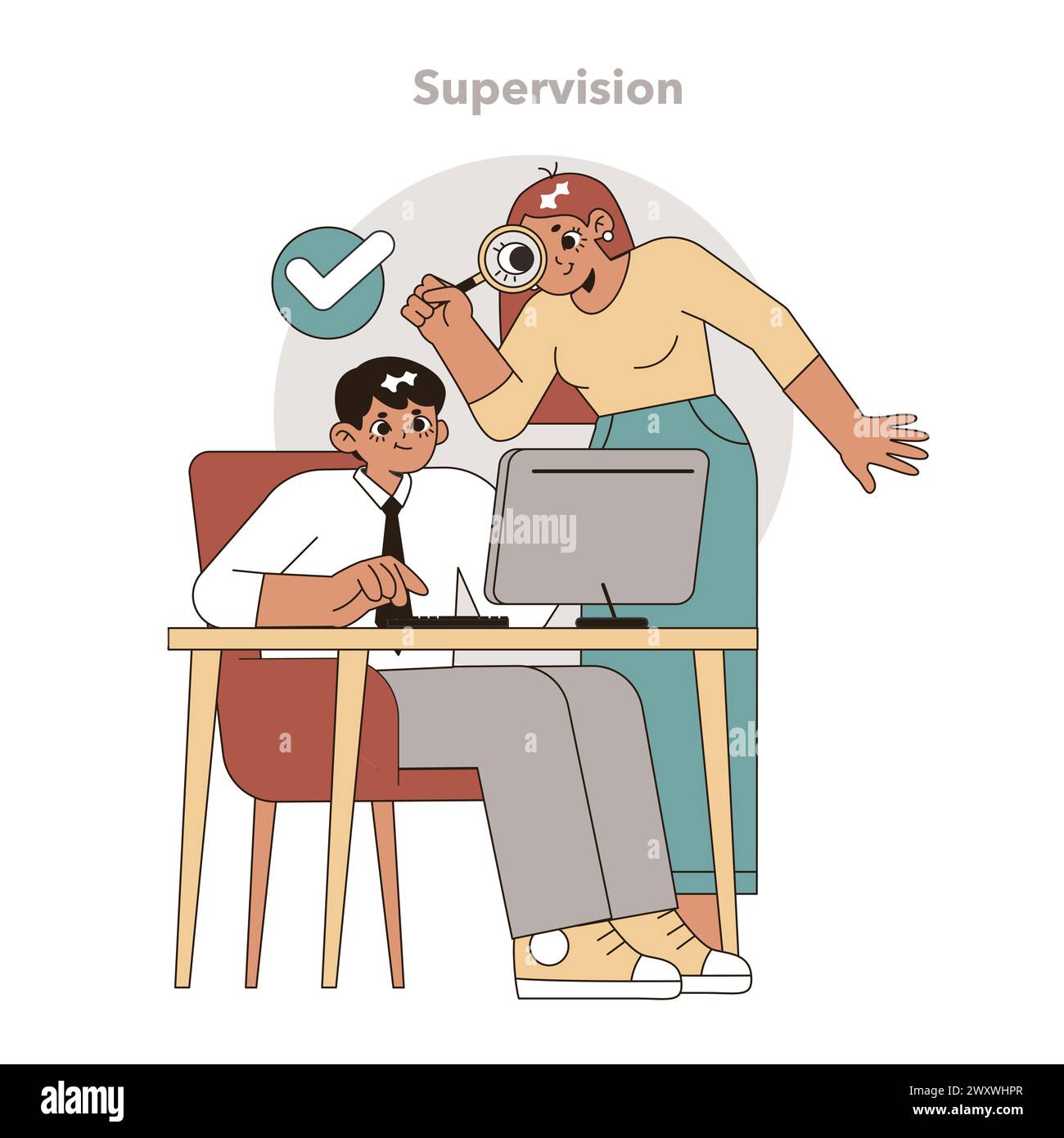 Supervision in Task Delegation concept. Mentor oversees a focused worker, ensuring quality and ...