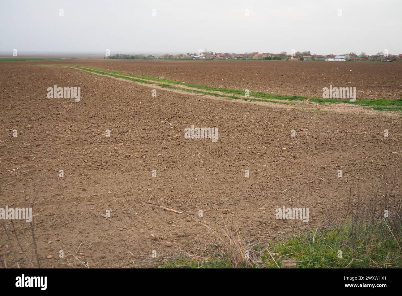 A tractor-plowed field in Chalma, Serbia. Agribusiness. Agricultural ...