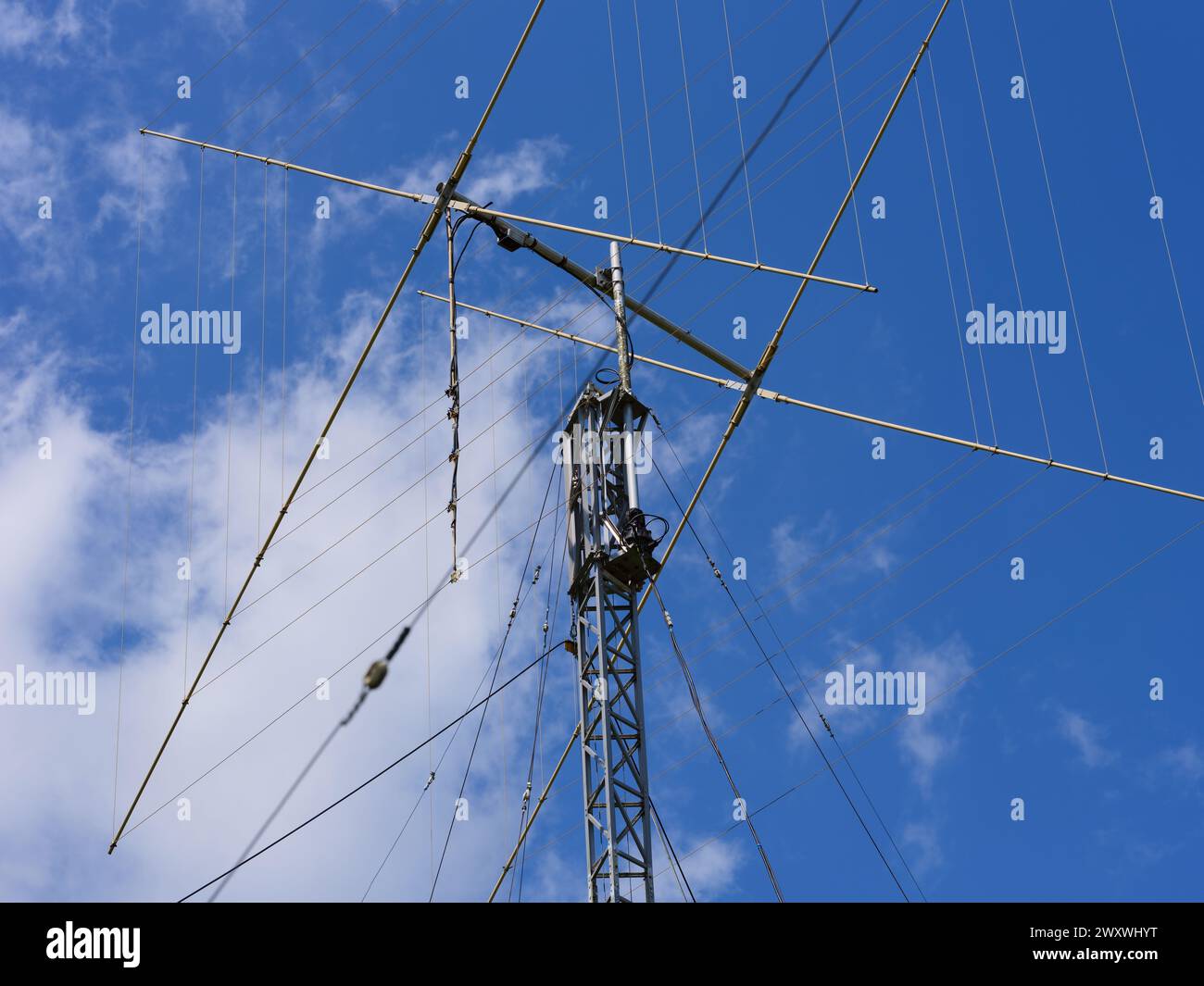 A close-up of a ham radio antenna with stay ropes against a cloudy blue sky Stock Photo - Alamy