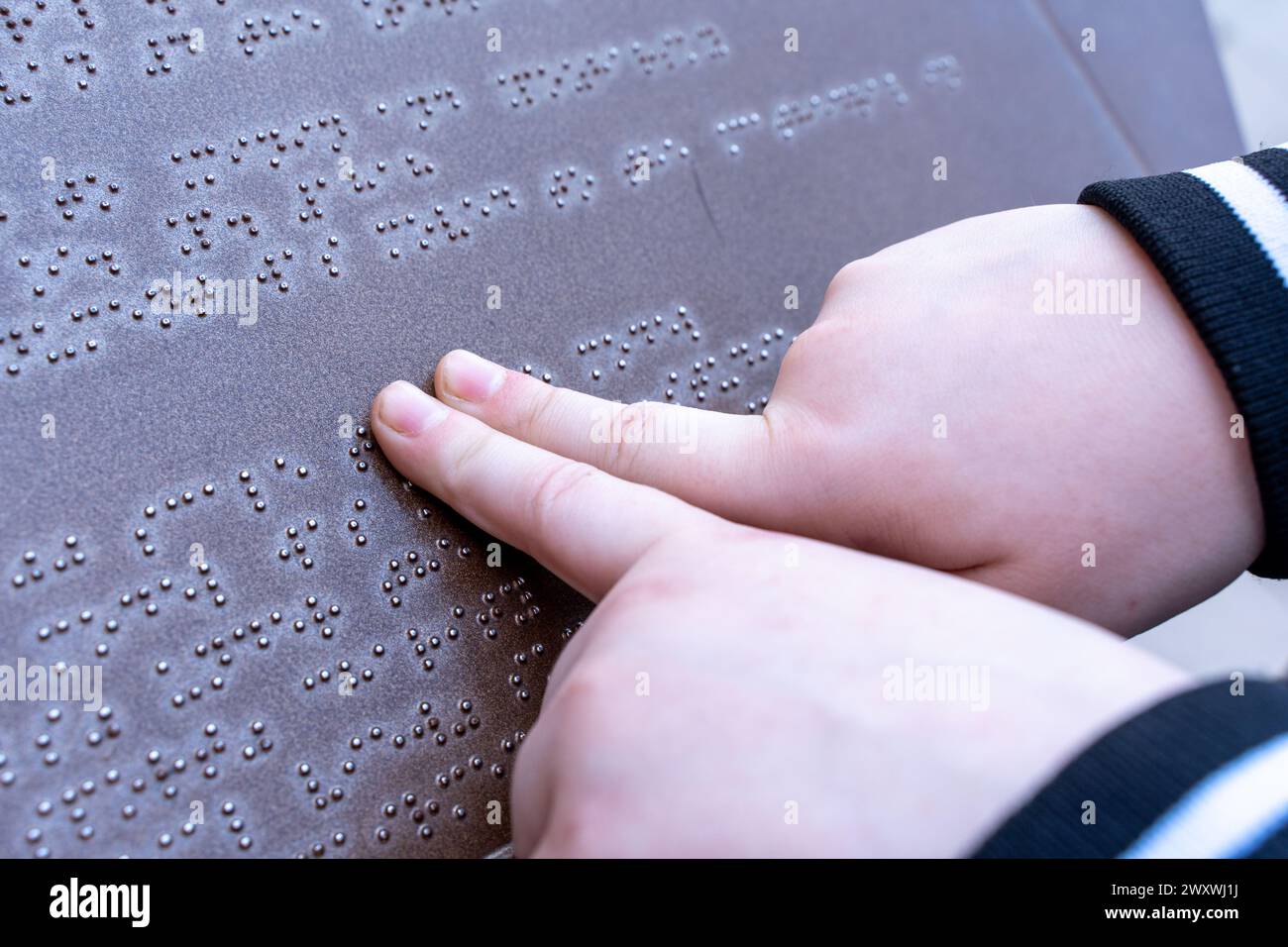 The hand of a blind man reads a Braille text, touching the relief. High ...
