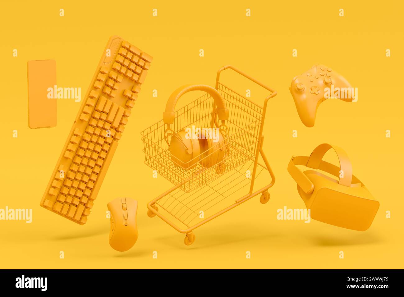 Flying gamer gears like mouse, keyboard, joystick, headset, VR Headset ...