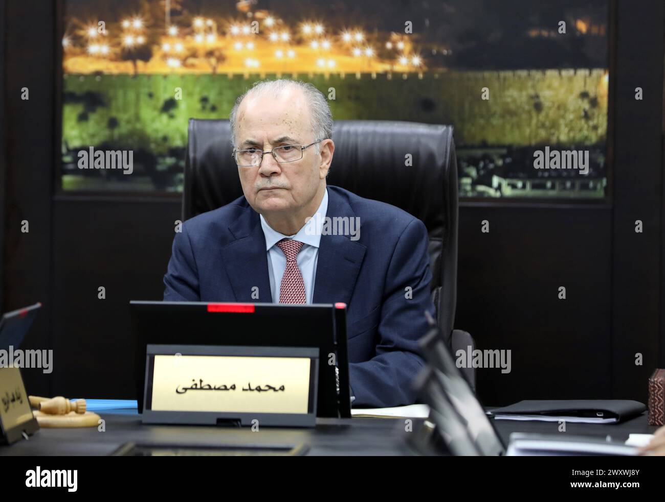 Ramallah. 2nd Apr, 2024. Palestinian Prime Minister Mohammad Mustafa attends the first cabinet ...