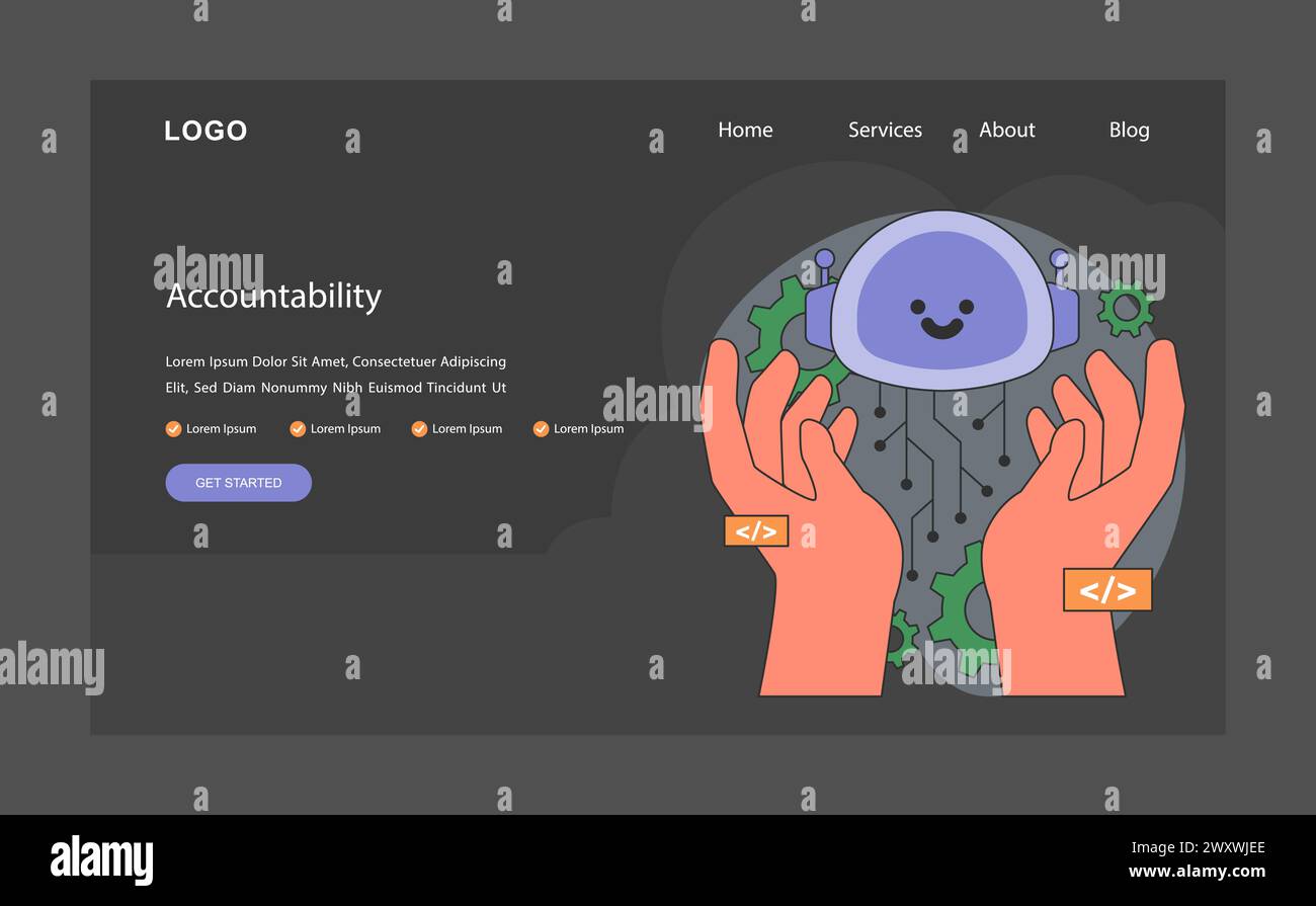 AI ethics dark or night mode web, landing. AI's accountability. Hands ...