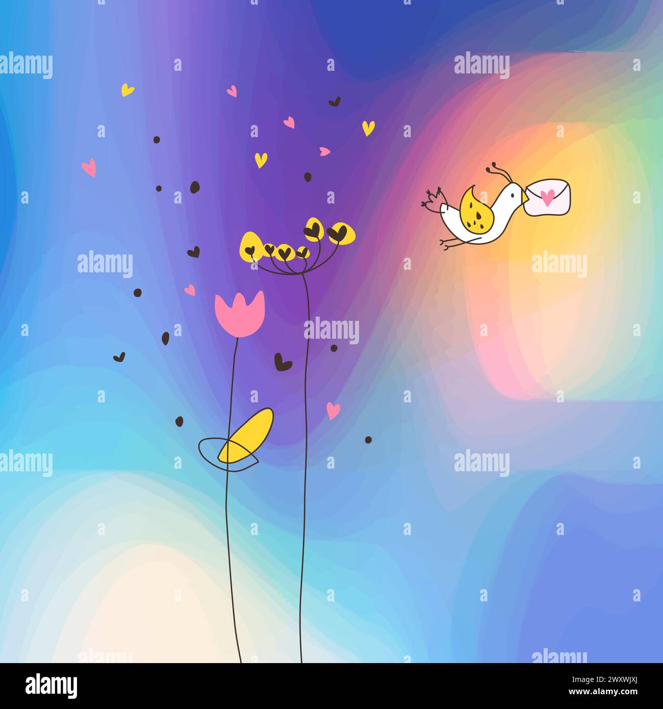 Letter. Drawing. Flowers. Bird sending message to love ones. Wall decor ...