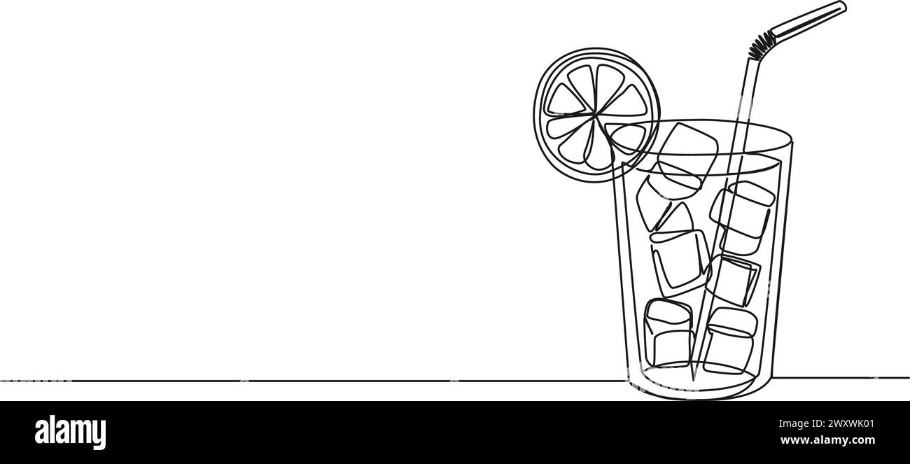 continuous single line drawing of cold beverage in drinking glass with ice cubes and straw, line ...