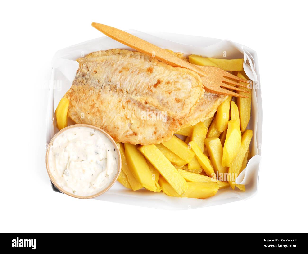 Delicious fish and chips in paper box isolated on white, top view Stock ...