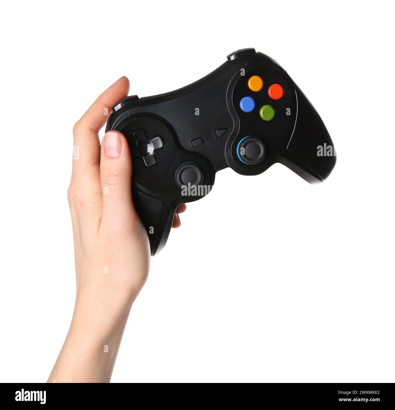 Woman holding game controller on white background, closeup Stock Photo ...
