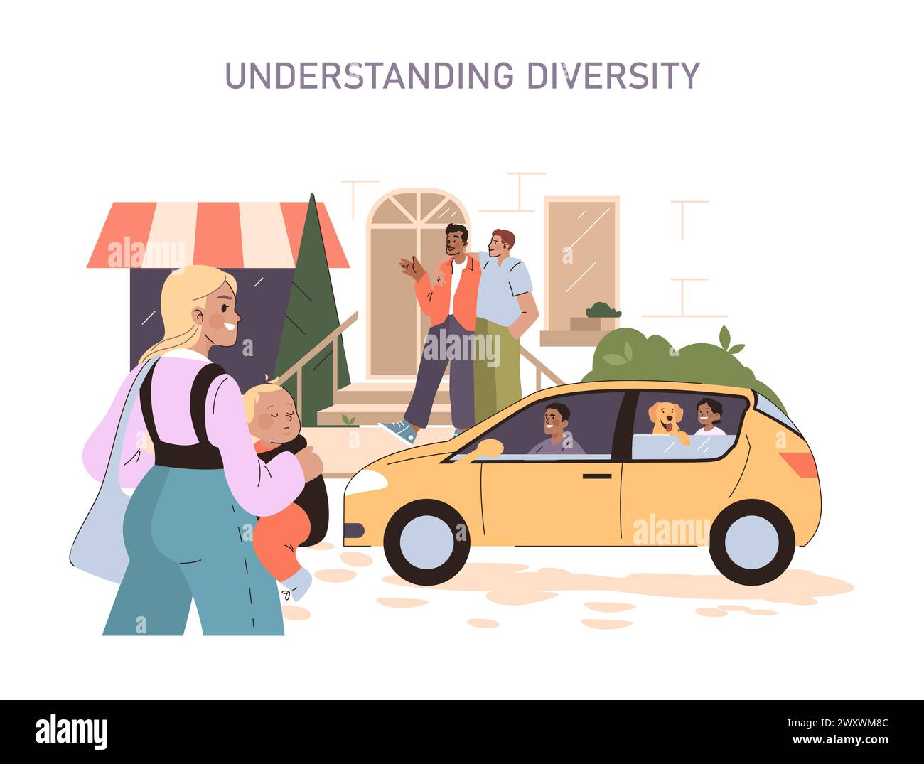 Modern Families concept. Diverse urban life captured in a bustling city ...