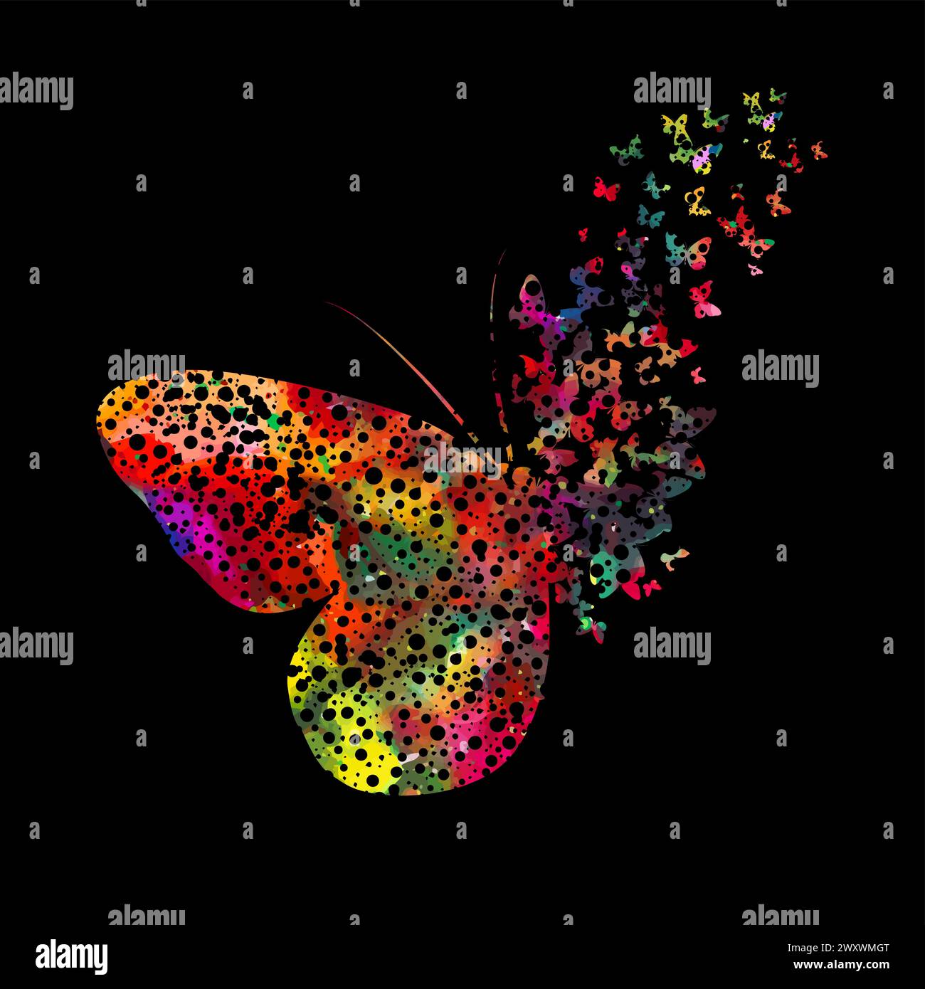 Beautiful colored abstract butterflies on a black background. hand ...