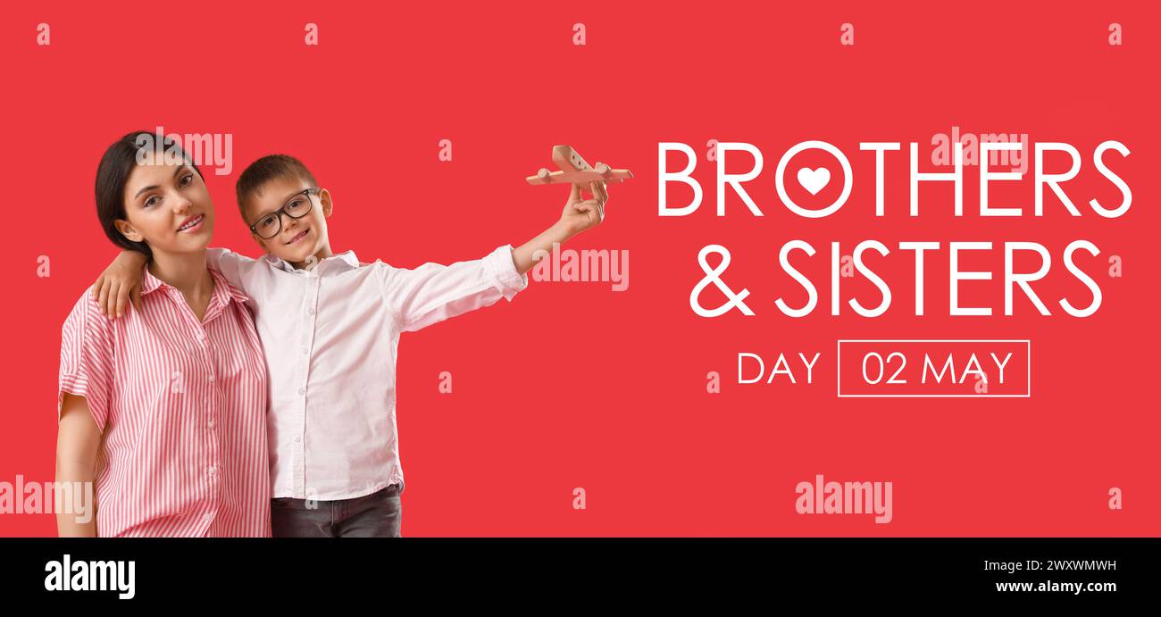 Festive banner for National Brothers and Sisters Day with teenage girl ...