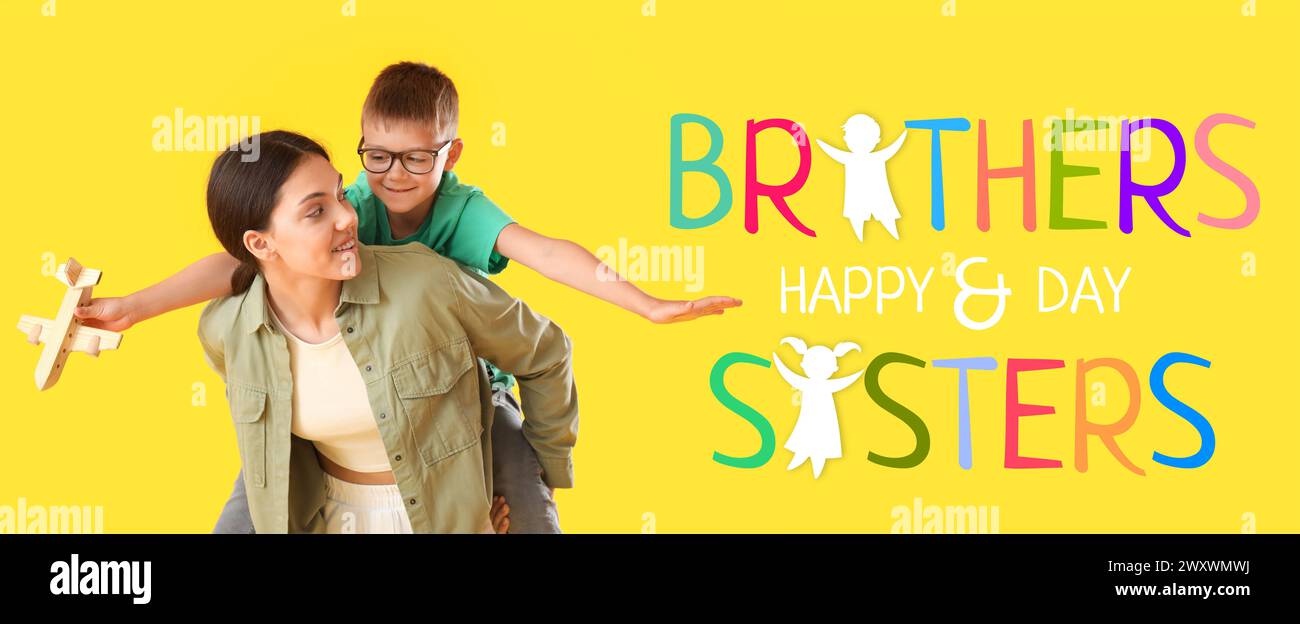 Festive banner for National Brothers and Sisters Day with teenage girl ...