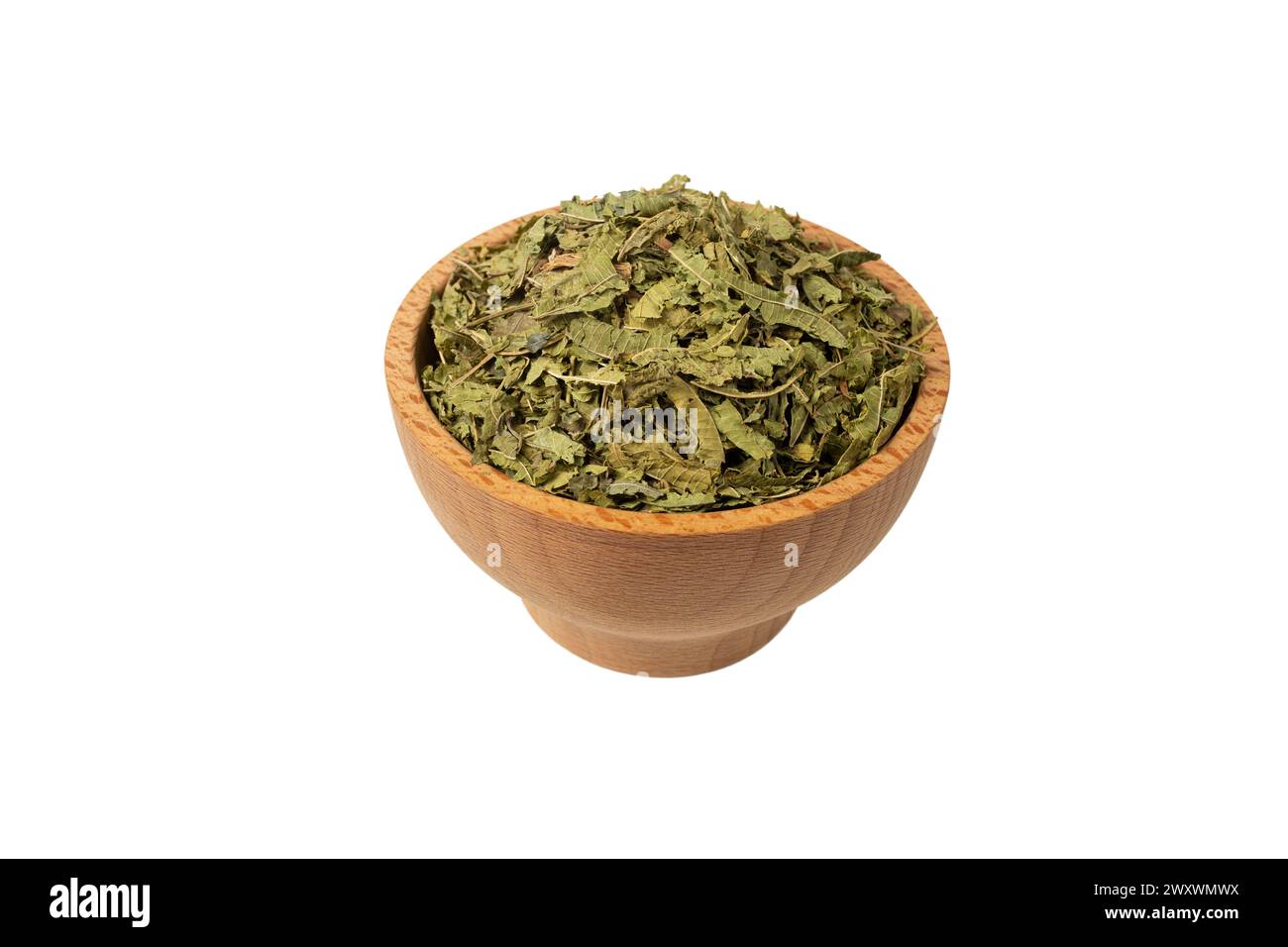 Dried leaves o Lemon verbena in latin Aloysia citrodora in wooden bowl ...